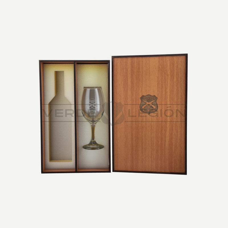 Caja Madera para Botella con Copa Grabada Escudo Carabineros